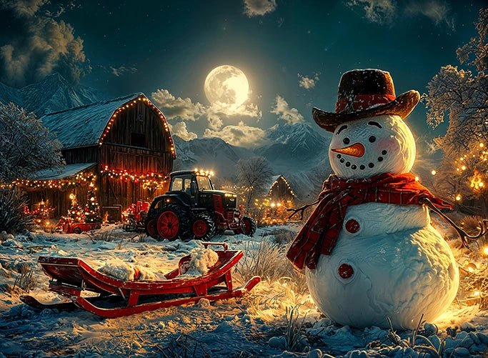 Evening on the Farm: Snowman Standing Guard by the Barn Puzzle